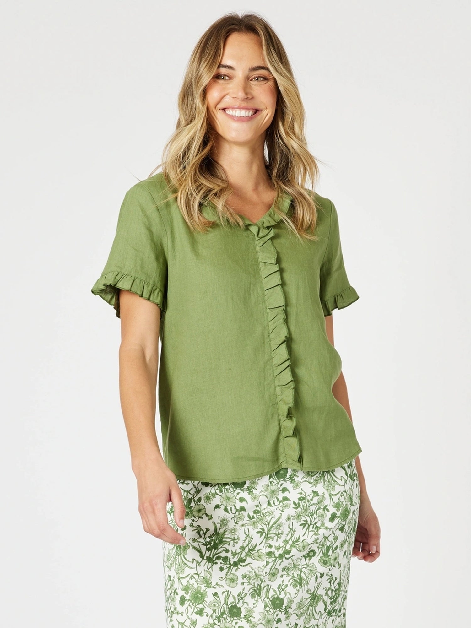 Tiffany Short Sleeve Linen Top - Basil – Gordon Smith